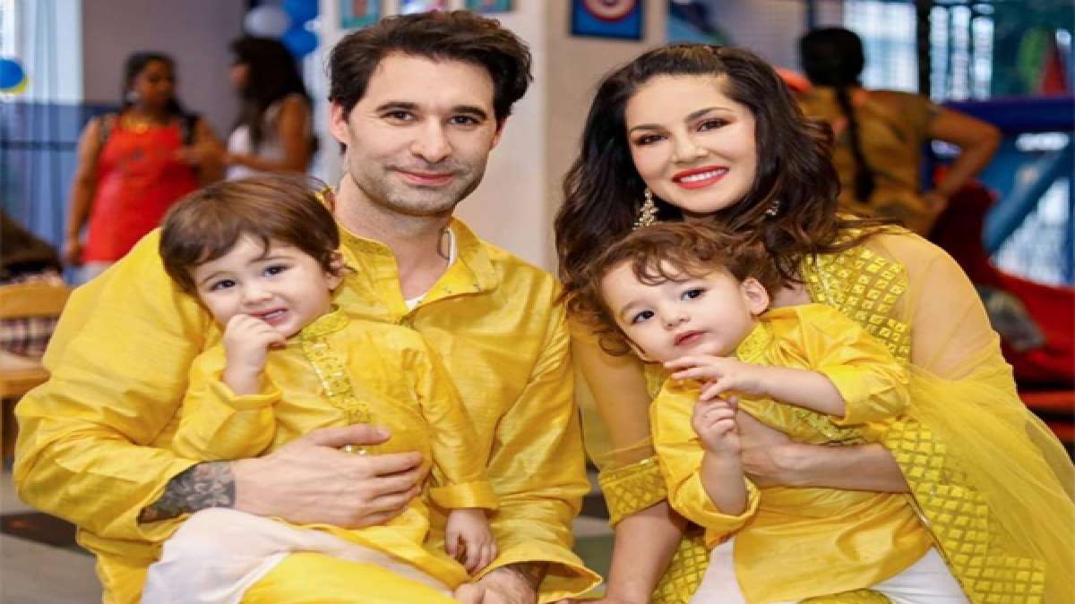 Sunny Leone And Family In Sunshine Yellow Ethnic Outfits On Diwali ...